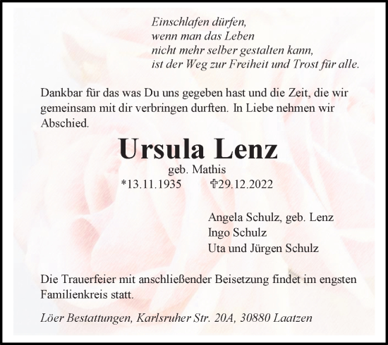 Traueranzeigen von Ursula Lenz | trauer-anzeigen.de