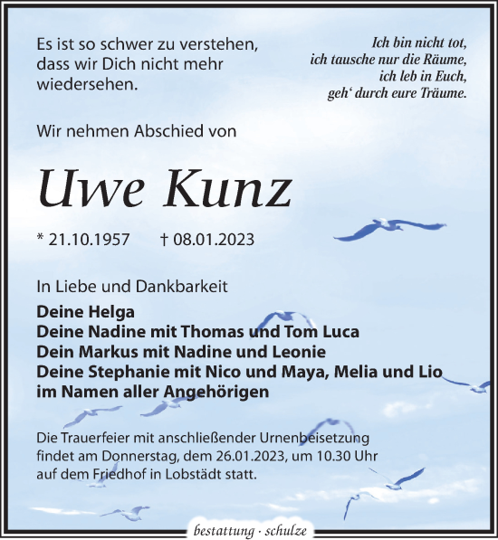 Traueranzeigen von Uwe Kunz | trauer-anzeigen.de