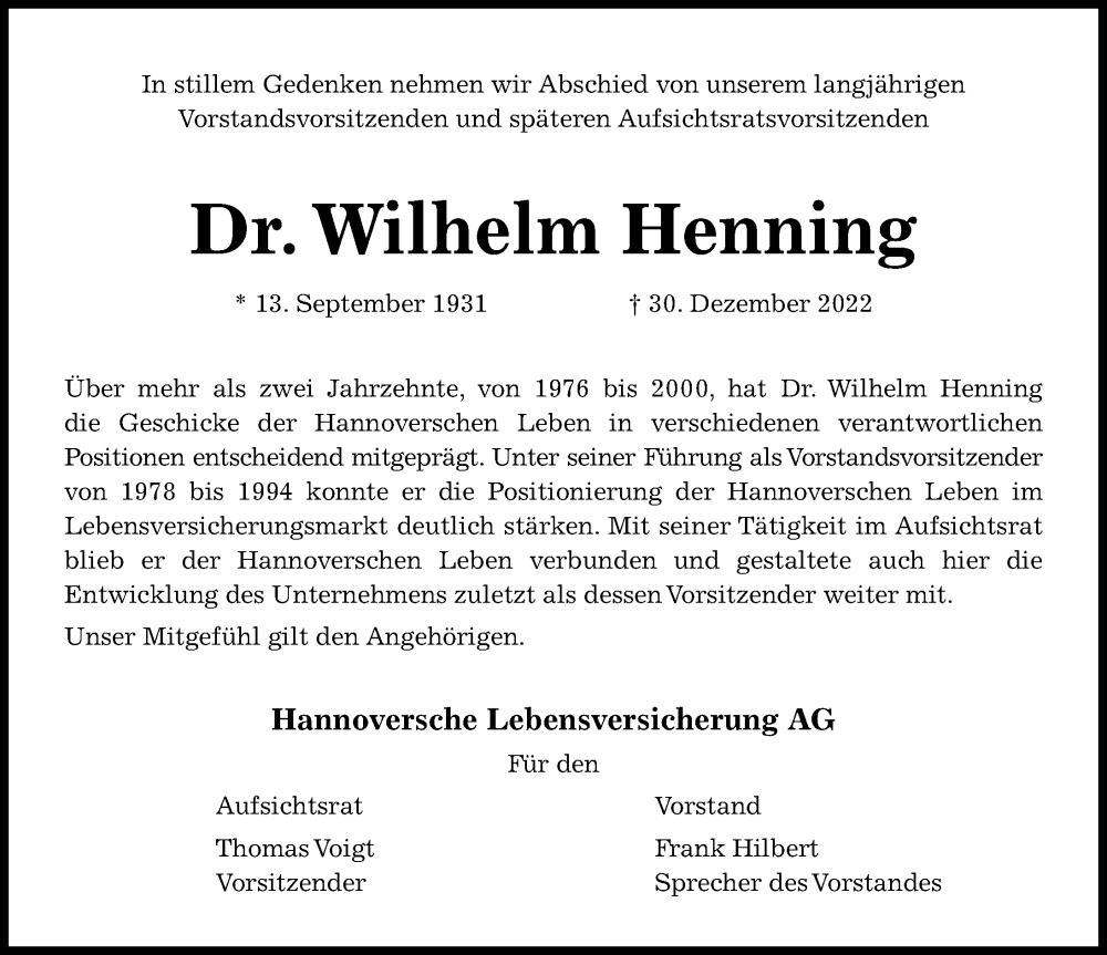 Traueranzeigen von Wilhelm Henning | trauer-anzeigen.de