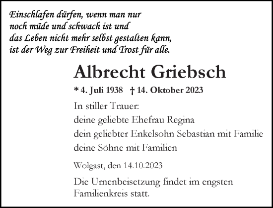 Traueranzeigen von Albrecht Griebsch | trauer-anzeigen.de