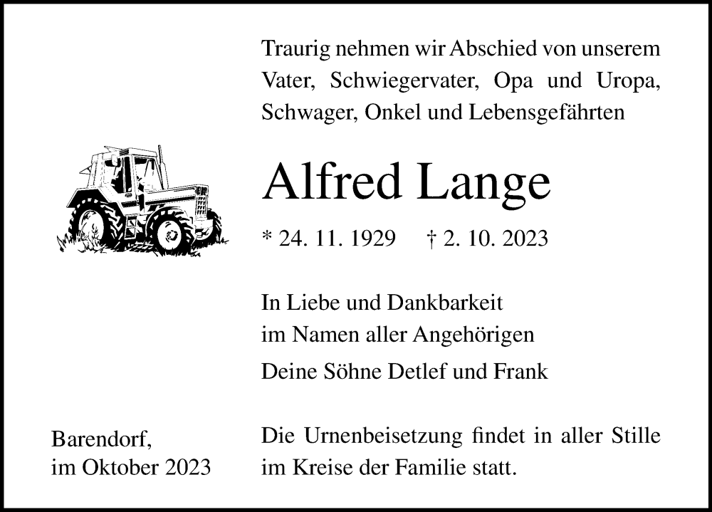 Traueranzeigen von Alfred Lange | trauer-anzeigen.de