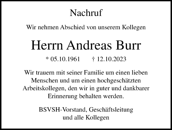 Traueranzeigen von Andreas Burr | trauer-anzeigen.de