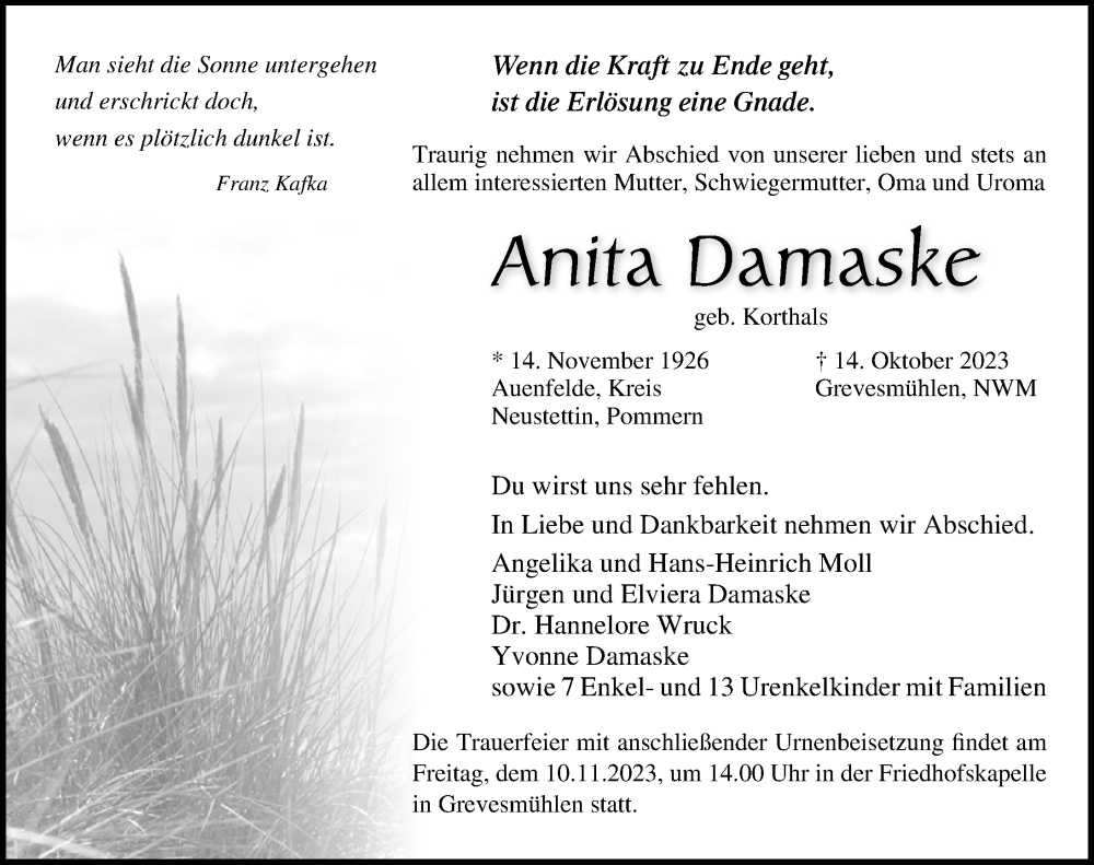 Traueranzeigen von Anita Damaske | trauer-anzeigen.de