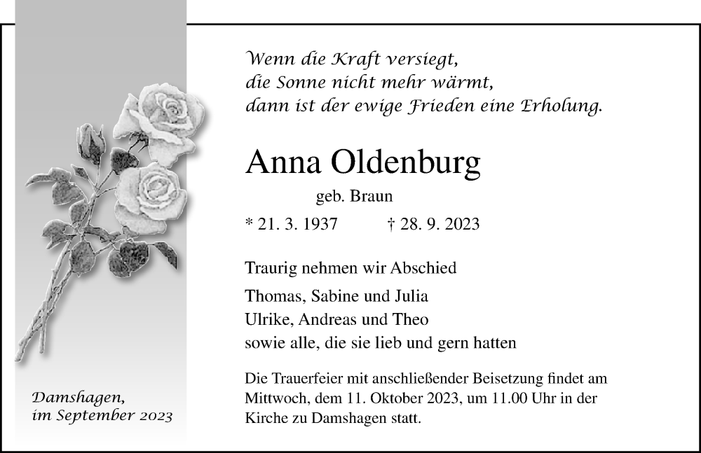 Traueranzeigen von Anna Oldenburg | trauer-anzeigen.de