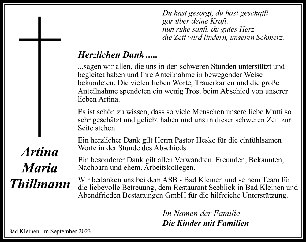 Traueranzeigen von Artina Maria Thillmann | trauer-anzeigen.de