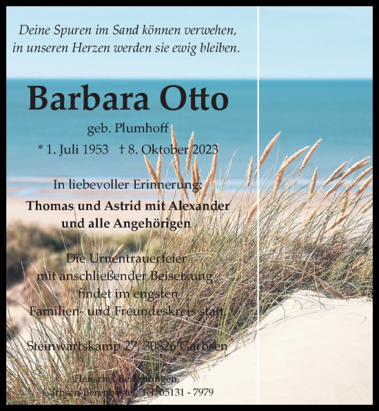 Traueranzeigen von Barbara Otto | trauer-anzeigen.de