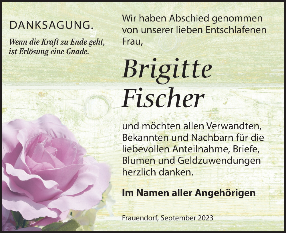 Traueranzeigen von Brigitte Fischer | trauer-anzeigen.de