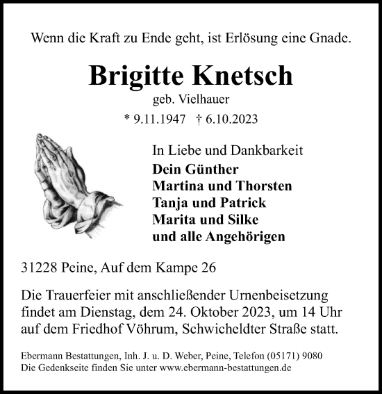 Traueranzeigen von Brigitte Knetsch | trauer-anzeigen.de