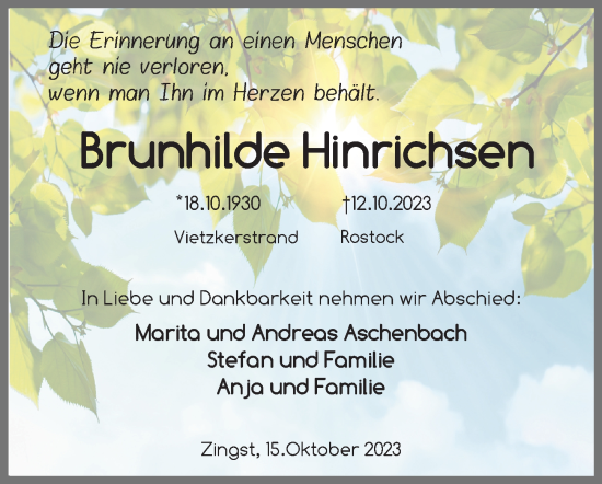Traueranzeigen von Brunhilde Hinrichsen | trauer-anzeigen.de