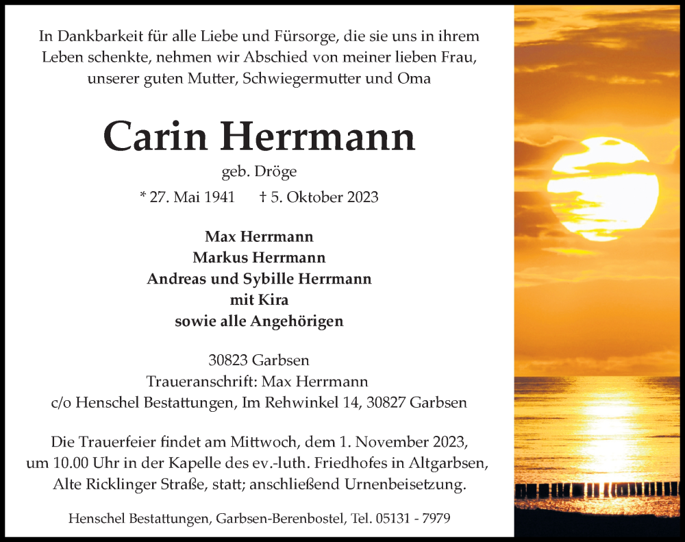 Traueranzeigen von Carin Herrmann | trauer-anzeigen.de