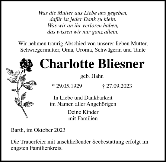 Traueranzeigen von Charlotte Bliesner | trauer-anzeigen.de