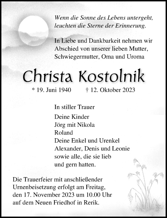 Traueranzeigen von Christa Kostolnik | trauer-anzeigen.de