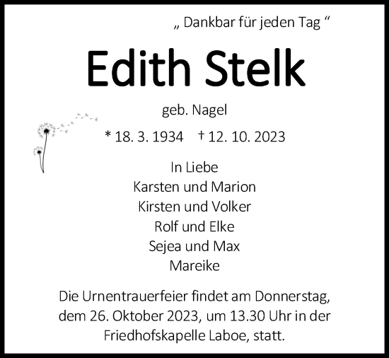 Traueranzeigen von Edith Stelk | trauer-anzeigen.de