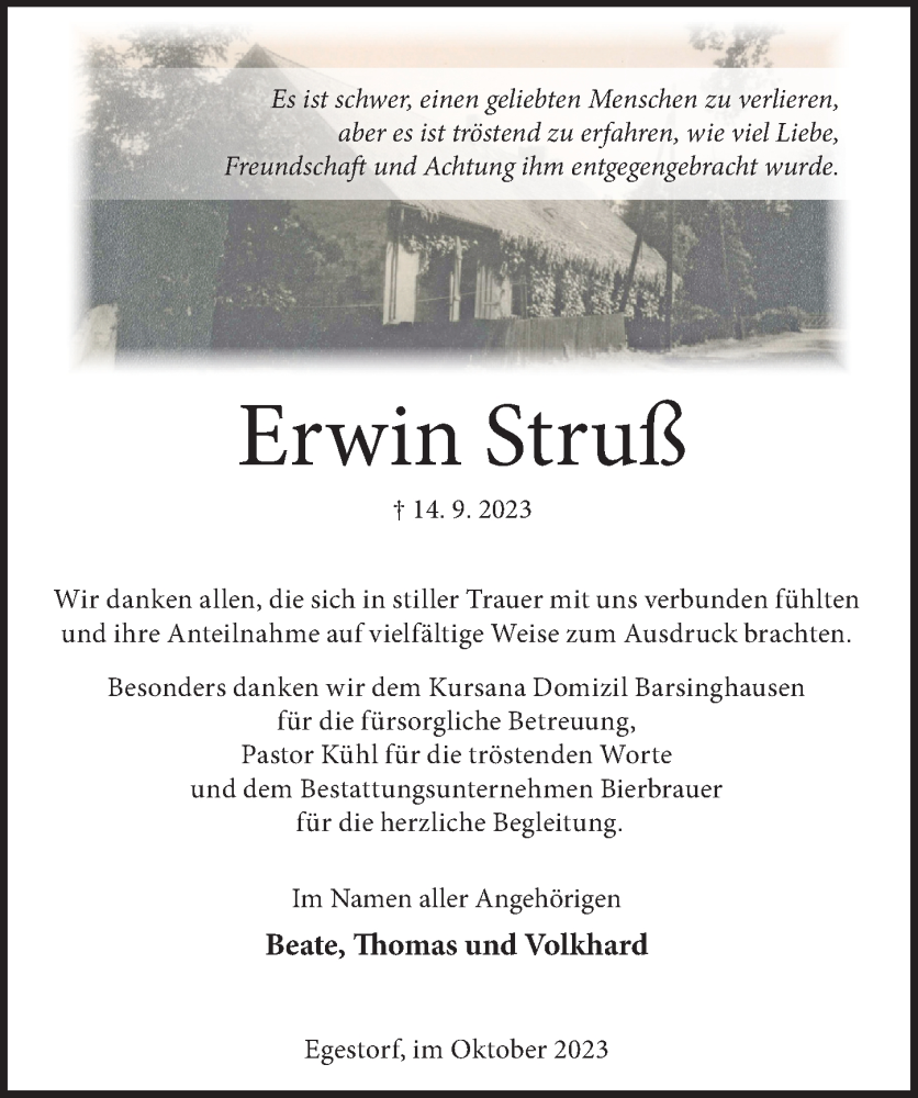 Traueranzeigen von Erwin Struß | trauer-anzeigen.de