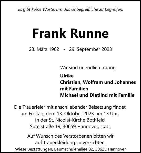 Traueranzeigen von Frank Runne | trauer-anzeigen.de