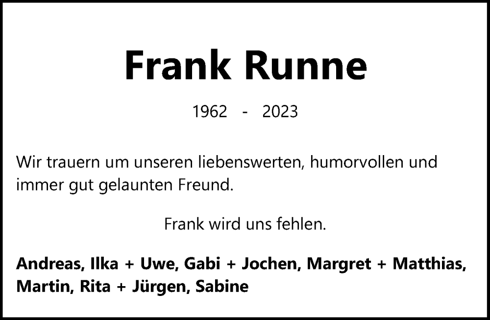 Traueranzeigen von Frank Runne | trauer-anzeigen.de