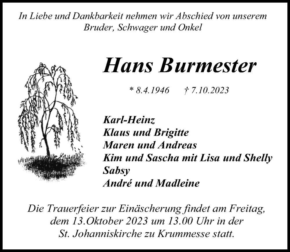 Traueranzeigen von Hans Burmester | trauer-anzeigen.de