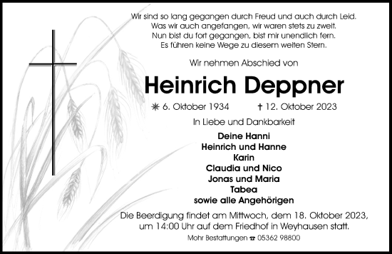 Traueranzeigen von Heinrich Deppner | trauer-anzeigen.de