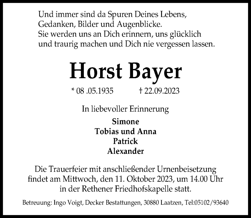 Traueranzeigen von Horst Bayer | trauer-anzeigen.de