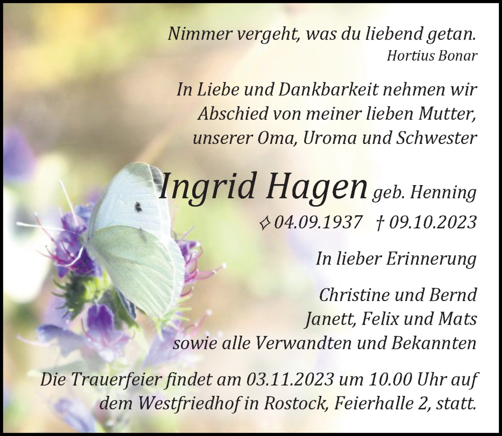Traueranzeigen von Ingrid Hagen | trauer-anzeigen.de