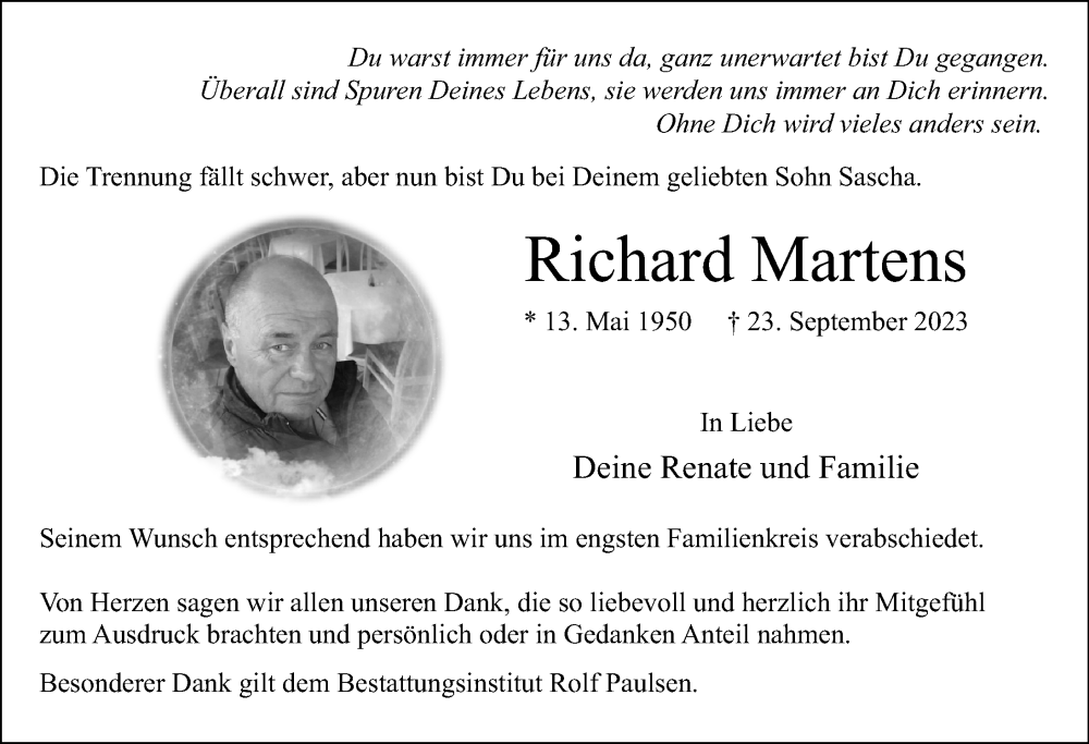 Traueranzeigen von Richard Martens | trauer-anzeigen.de