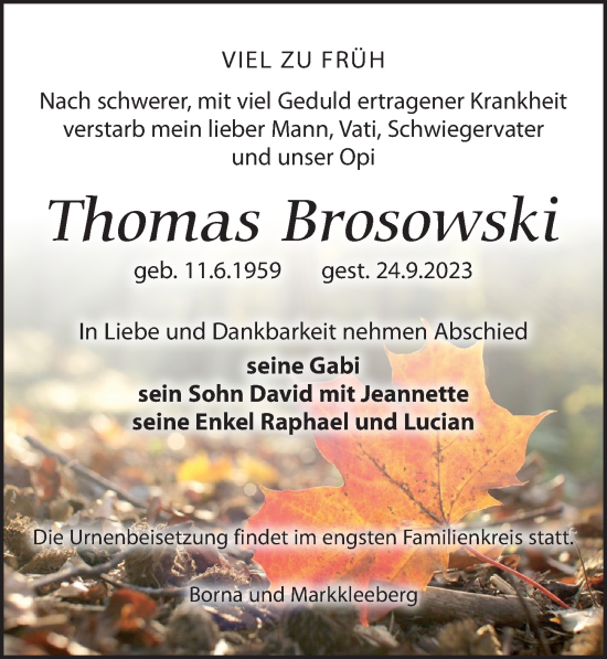 Traueranzeigen von Thomas Brosowski | trauer-anzeigen.de
