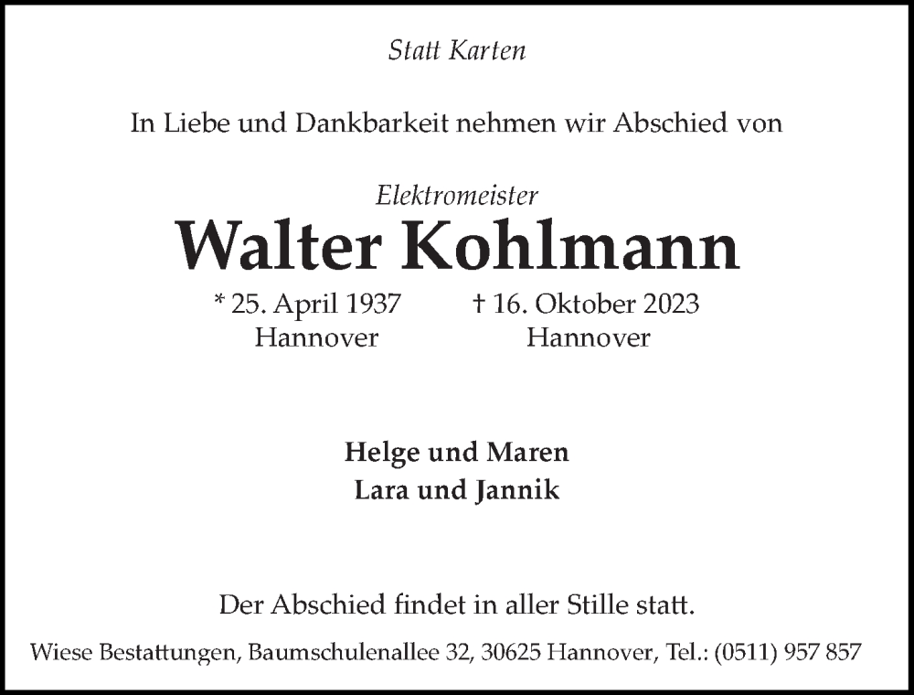 Traueranzeigen von Walter Kohlmann | trauer-anzeigen.de