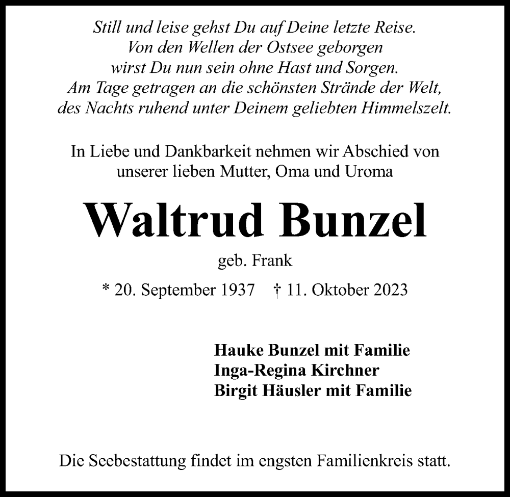 Traueranzeigen von Waltrud Bunzel | trauer-anzeigen.de