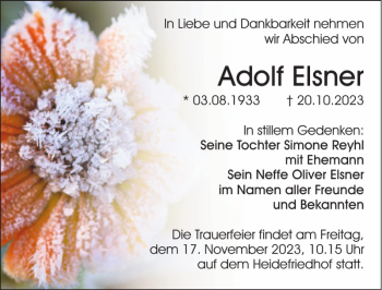 Traueranzeigen von Adolf Elsner | trauer-anzeigen.de