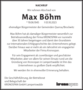 Traueranzeigen von Max Böhm | trauer-anzeigen.de