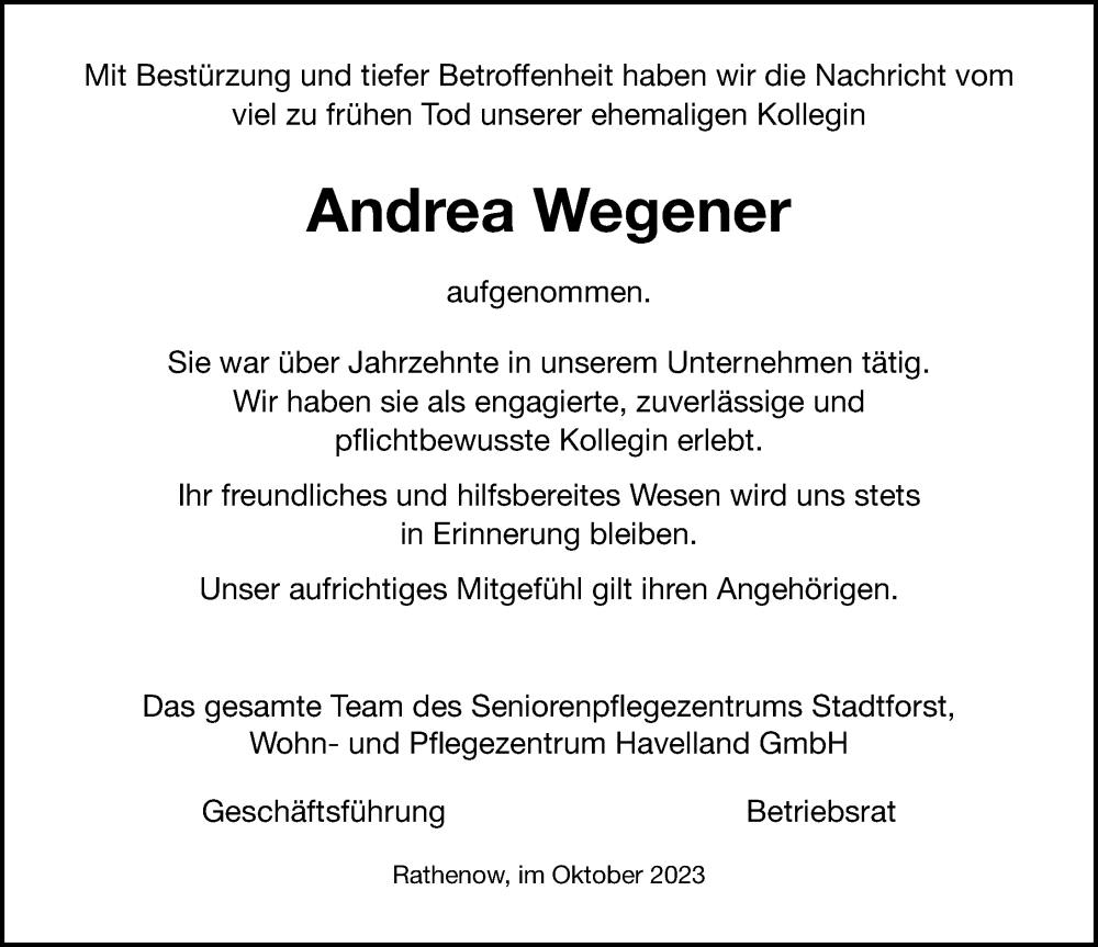 Traueranzeigen von Andrea Wegener | trauer-anzeigen.de
