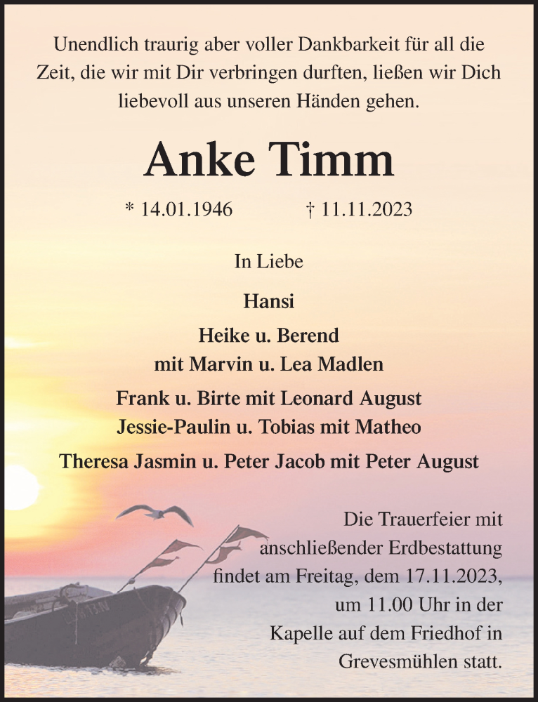 Traueranzeigen von Anke Timm | trauer-anzeigen.de