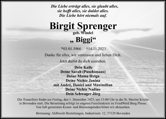Traueranzeigen von Birgit Sprenger | trauer-anzeigen.de
