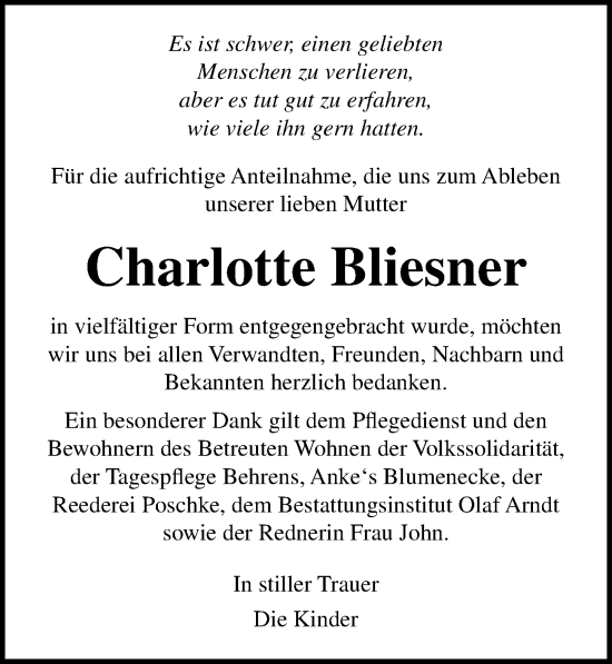 Traueranzeigen von Charlotte Bliesner | trauer-anzeigen.de