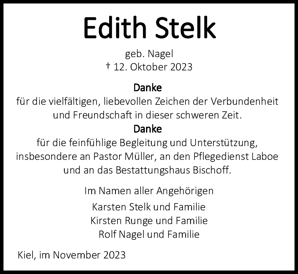 Traueranzeigen von Edith Stelk | trauer-anzeigen.de