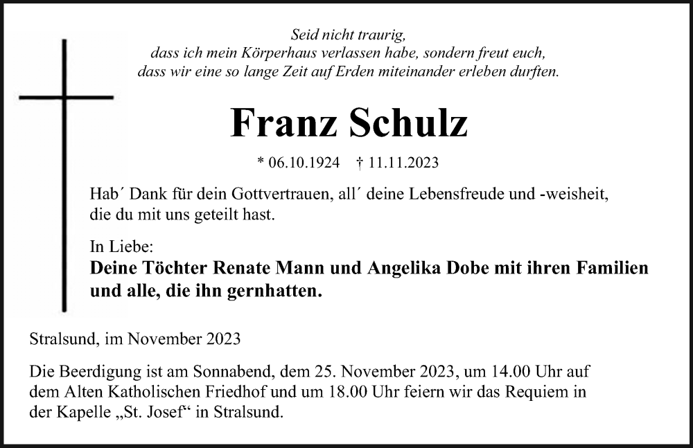 Traueranzeigen von Franz Schulz | trauer-anzeigen.de