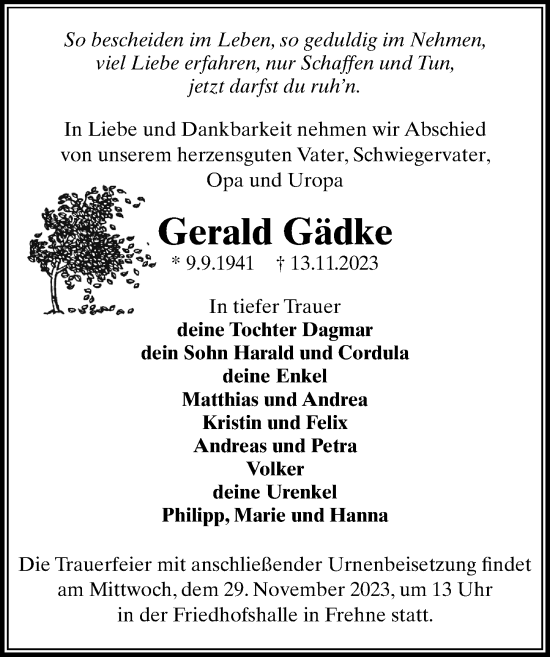 Traueranzeigen von Gerald Gädke | trauer-anzeigen.de
