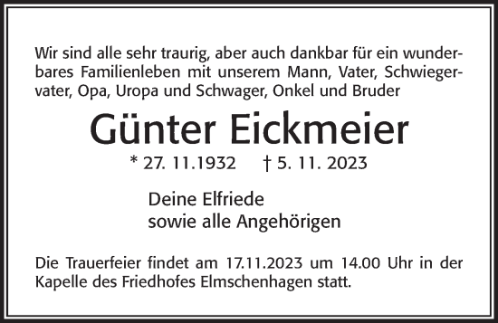 Traueranzeigen von Günter Eickmeier | trauer-anzeigen.de