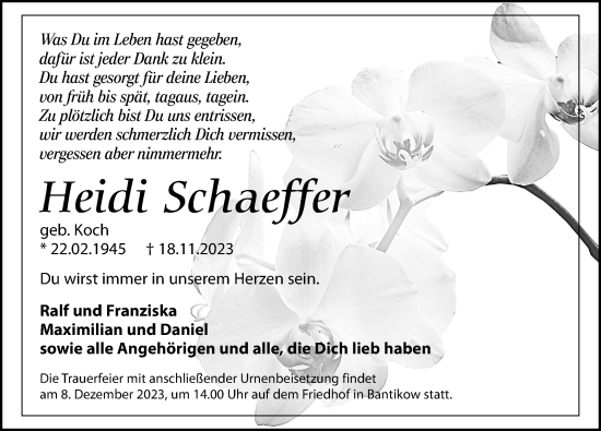 Traueranzeigen von Heidi Schaeffer | trauer-anzeigen.de