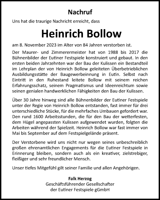 Traueranzeigen von Heinrich Bollow | trauer-anzeigen.de