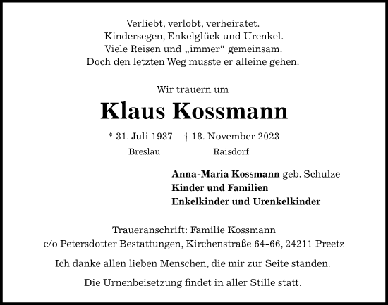 Traueranzeigen von Klaus Kossmann | trauer-anzeigen.de