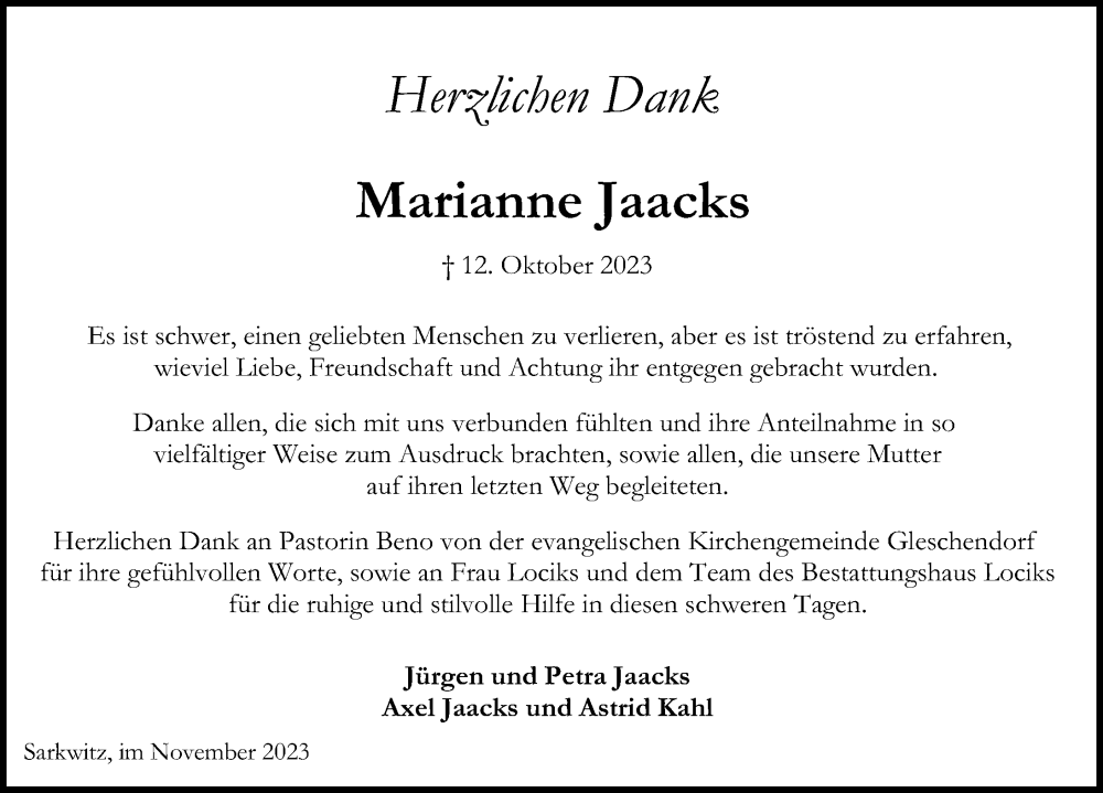 Traueranzeigen von Marianne Jaacks | trauer-anzeigen.de