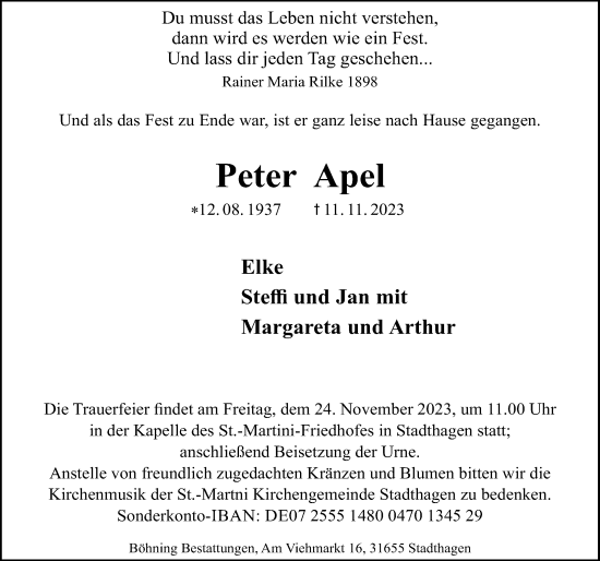Traueranzeigen von Peter Apel | trauer-anzeigen.de