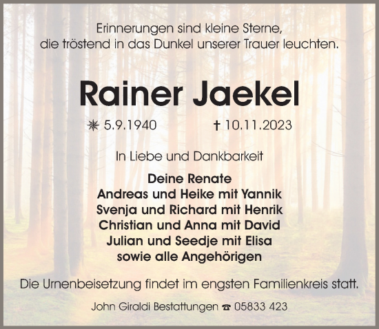 Traueranzeigen von Rainer Jaekel | trauer-anzeigen.de