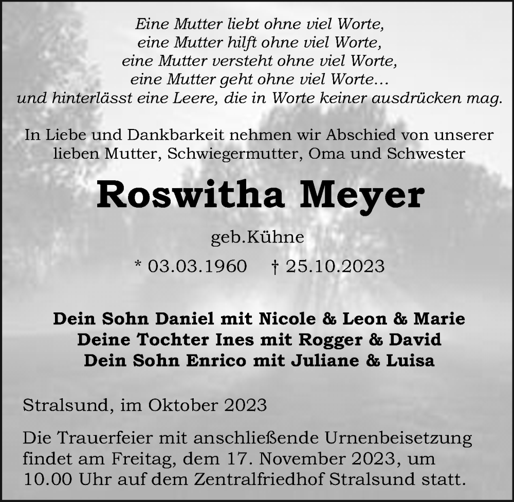 Traueranzeigen von Roswitha Meyer | trauer-anzeigen.de
