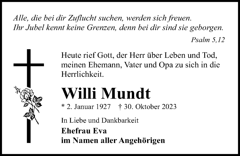 Traueranzeigen von Willi Mundt | trauer-anzeigen.de