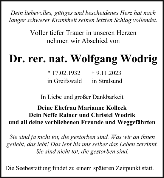 Traueranzeigen von Wolfgang Wodrig | trauer-anzeigen.de