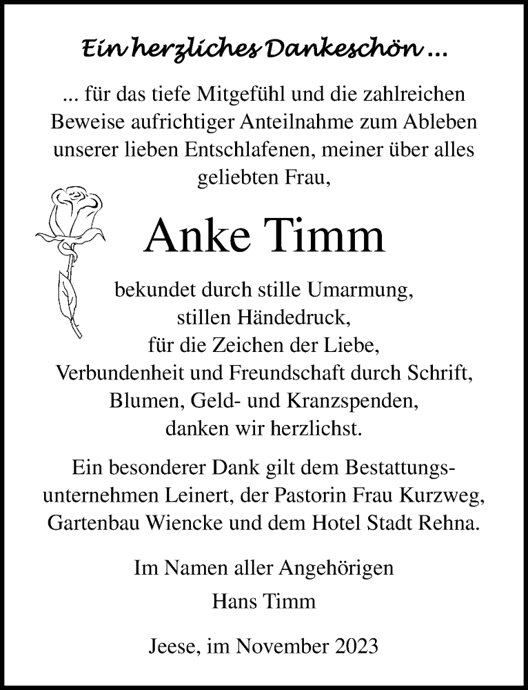 Traueranzeigen von Anke Timm | trauer-anzeigen.de