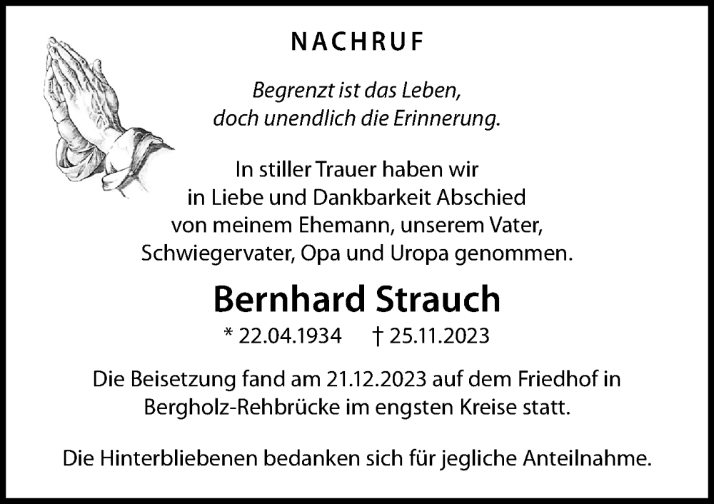 Traueranzeigen von Bernhard Strauch | trauer-anzeigen.de
