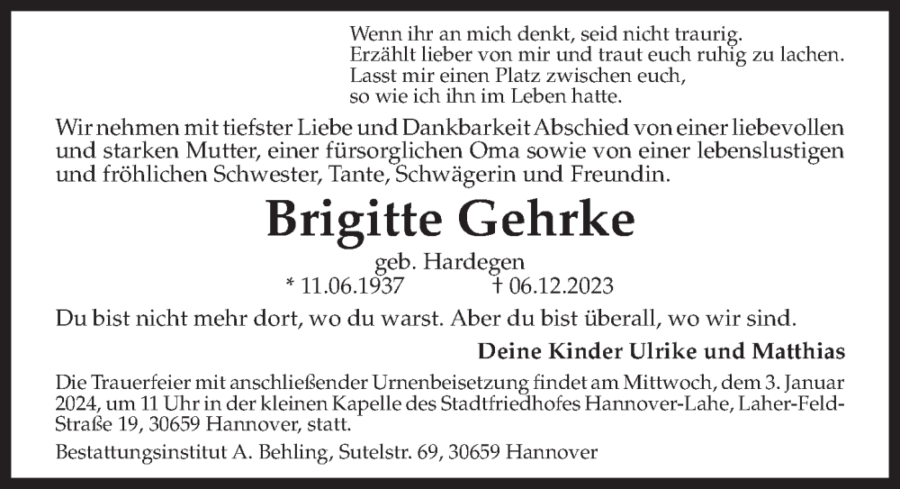 Traueranzeigen von Brigitte Gehrke | trauer-anzeigen.de